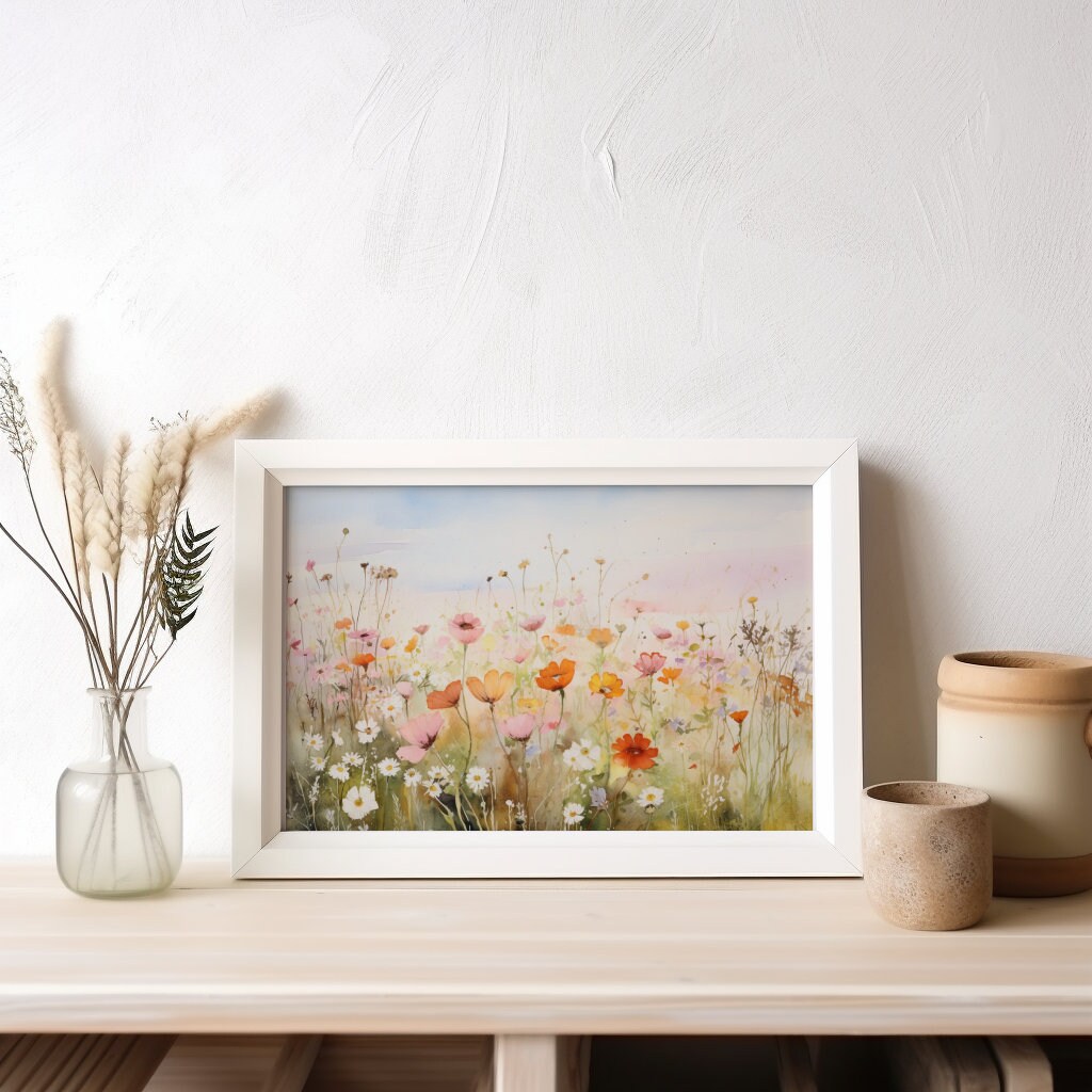 Spring Flowers Watercolor Painting, Wildflower Field Wall Art, Wild ...