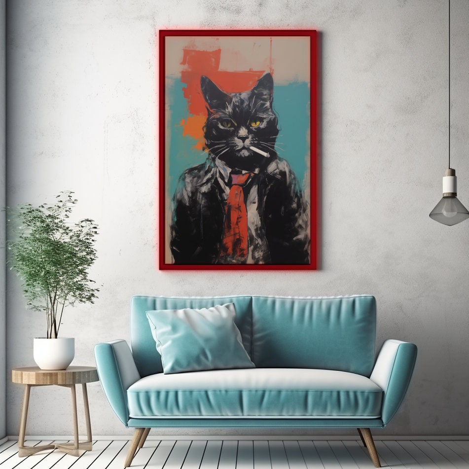 Kerouac Smoking Cat Painting, Printable Beat Generation Cat Wall Art ...