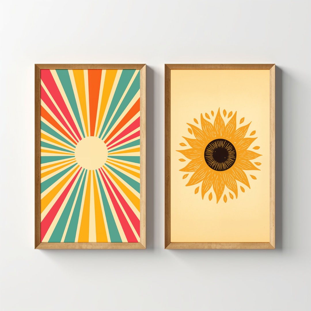 Sun Art Print Set, 2 Printable Boho Sunshine Posters, Rainbow Sunrise ...