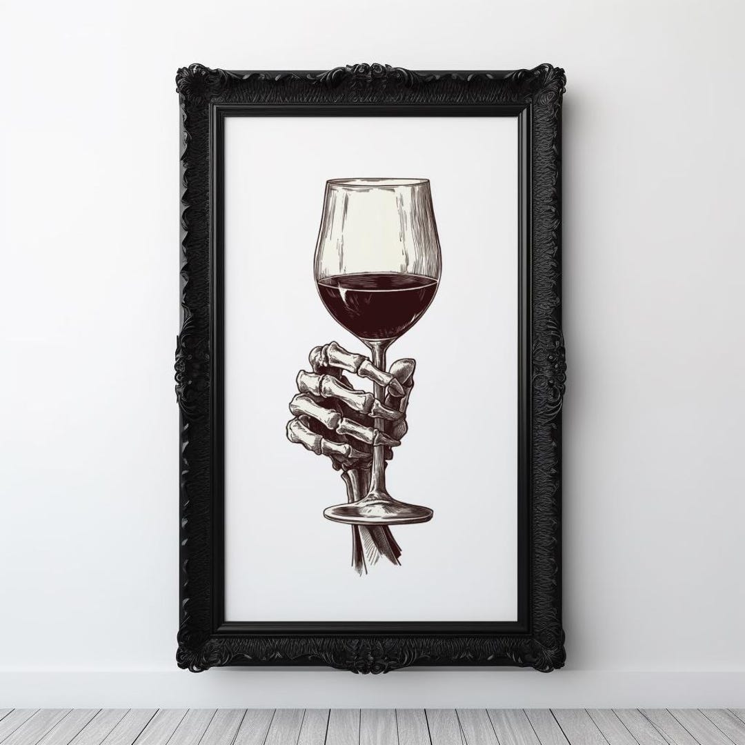 Skeleton Wine Art Print, Printable Gothic Wine Illustration, Skeleton ...
