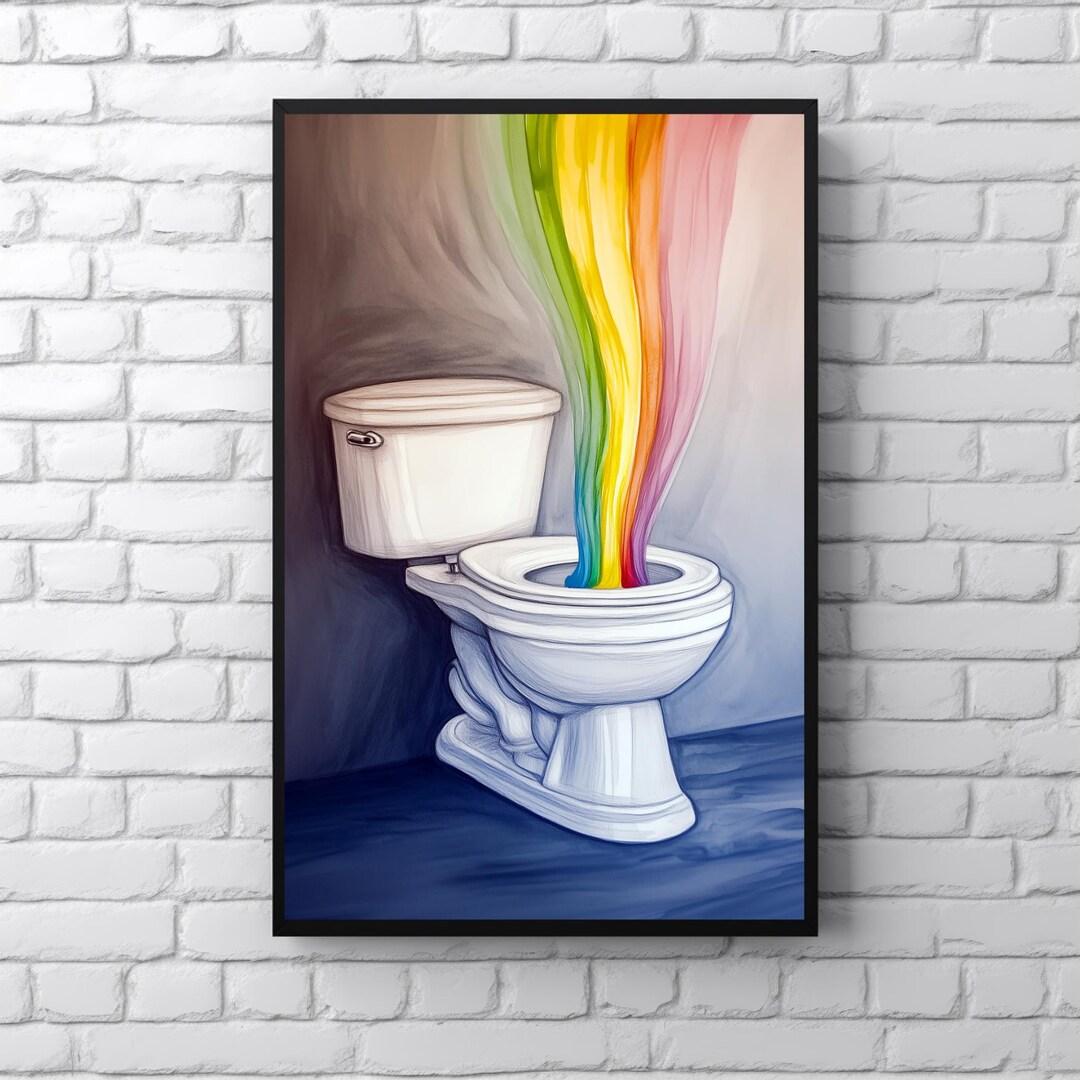 Rainbow Bathroom Print, Printable Toilet Watercolor Painting, Whimsical ...