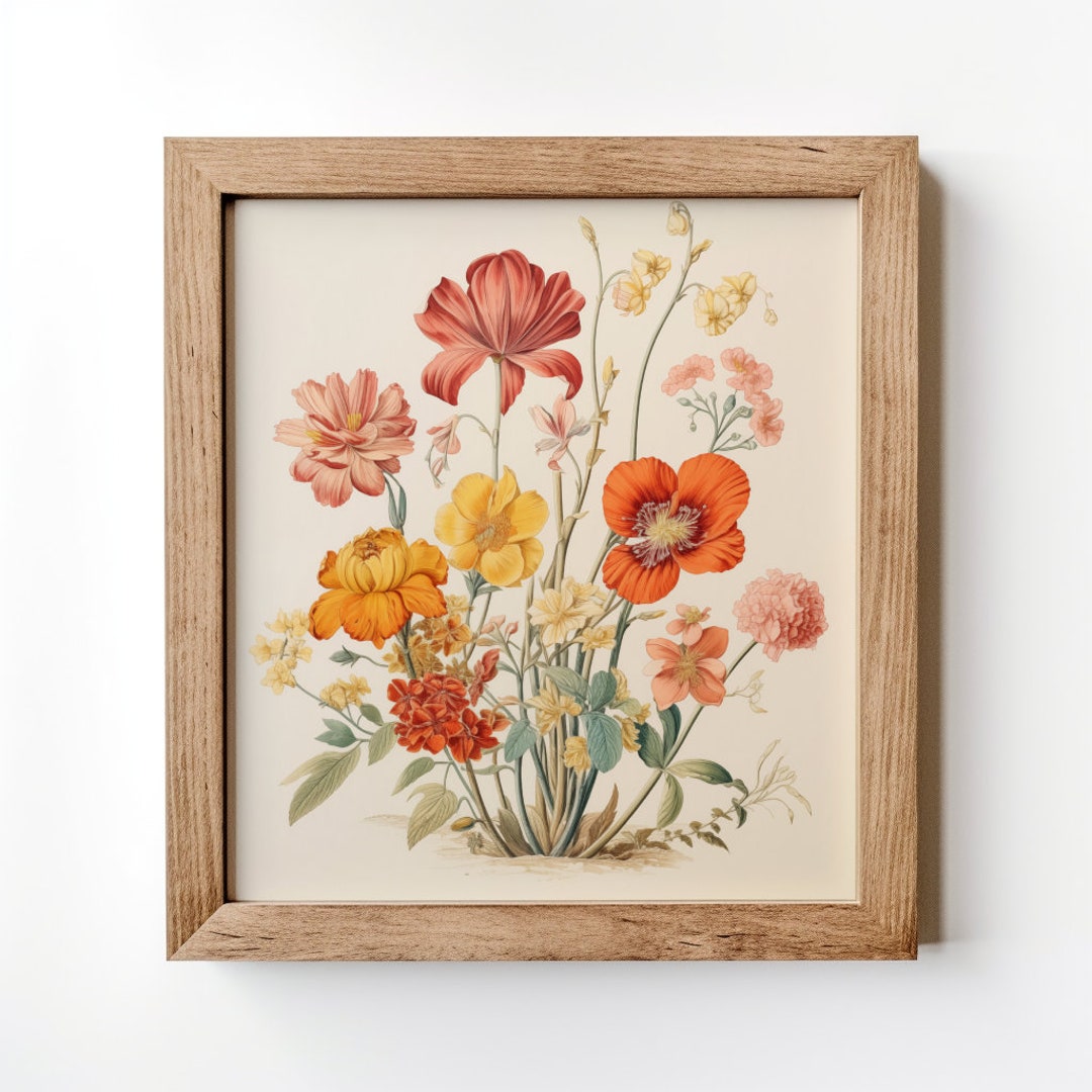 Vintage Floral Lithograph Print, Square Floral Printable Wall Art ...