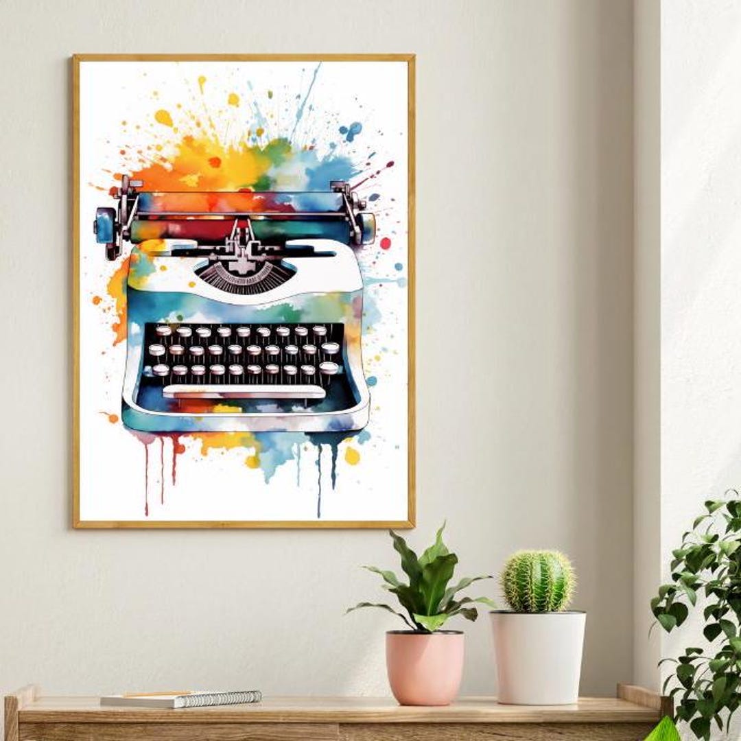 Typewriter Art Print, Printable Retro Typewriter Watercolor, Rainbow ...