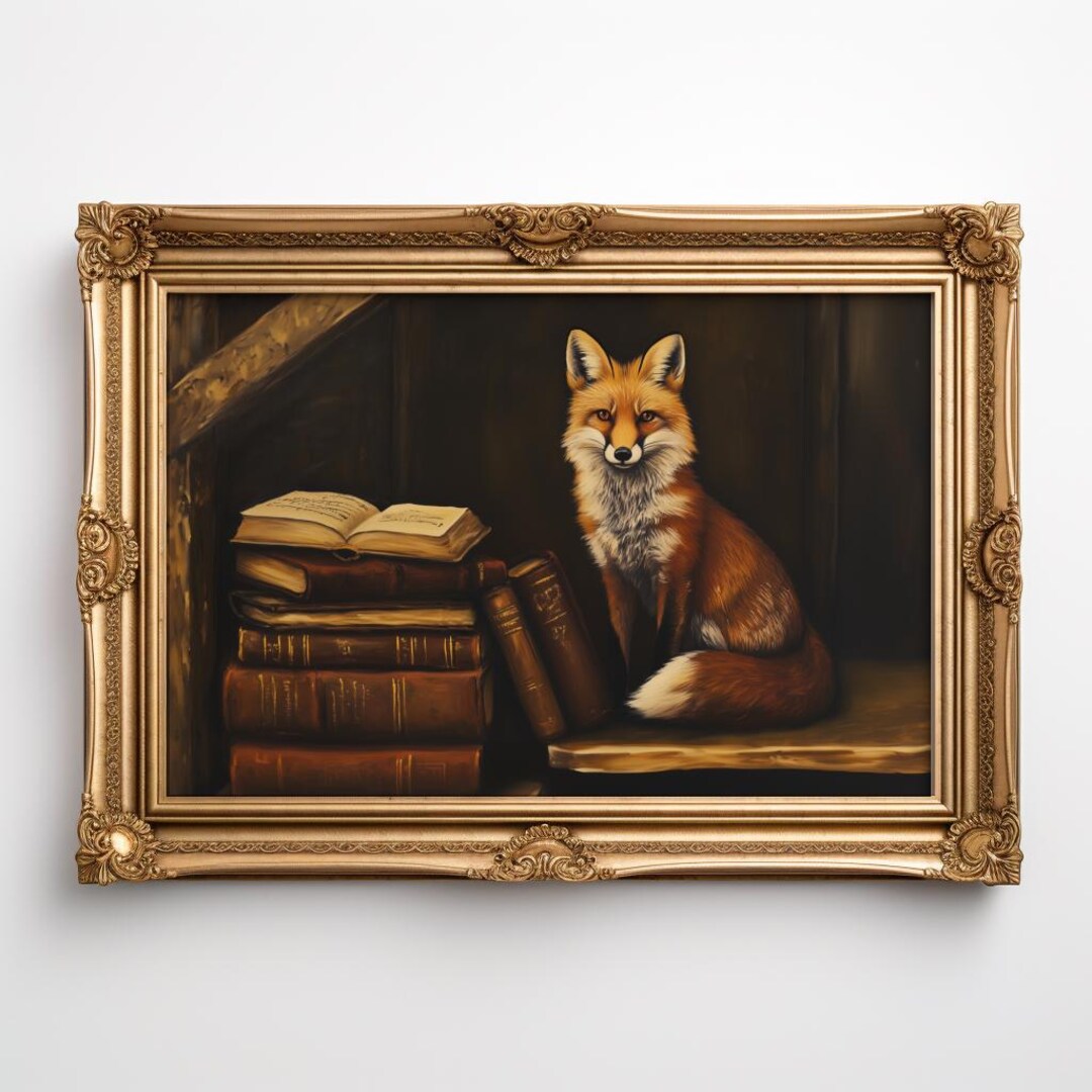 Vintage Books Fox Painting, Printable Bookish Fox Wall Art Old Books ...