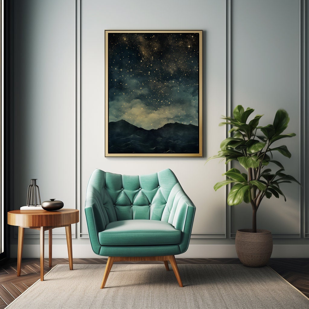 Vintage Night Sky Print: Printable Mountain Galaxy Painting, Moody ...