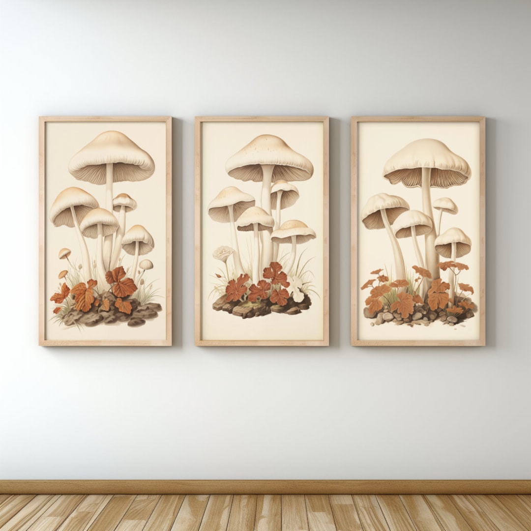 Printable Mushroom Bundle, 3 Vintage Mushroom Prints, Neutral Tones ...