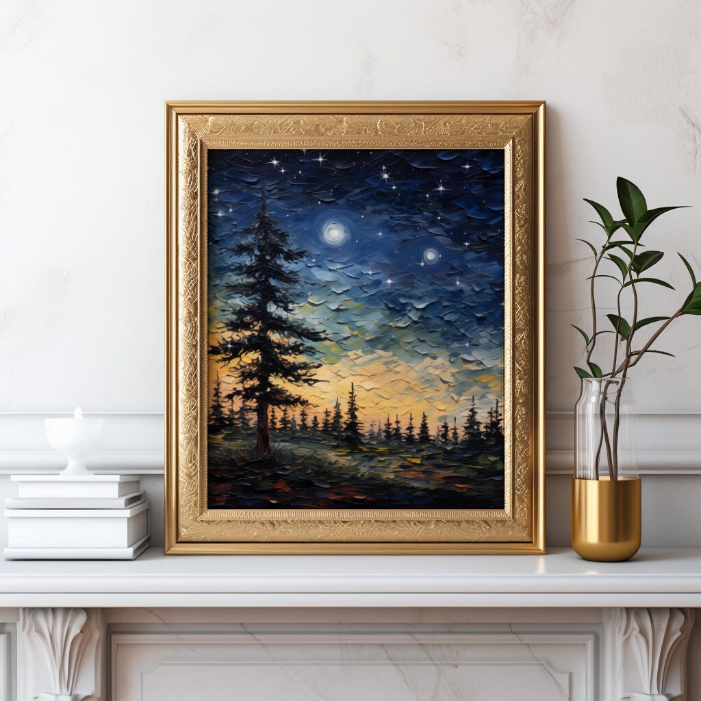 Square Starry Night Sky Forest Oil Painting, Printable Night Sky Art ...