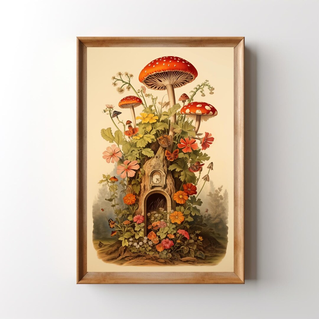 Happy Mushroom House Art Print, Printable Woodland Mushroom Forest Tree ...