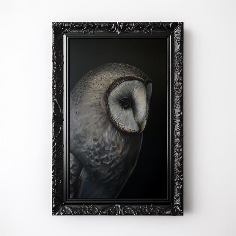 Moody Owl Oil Painting, Printable Vintage Barn Owl Wall Art Dark ...