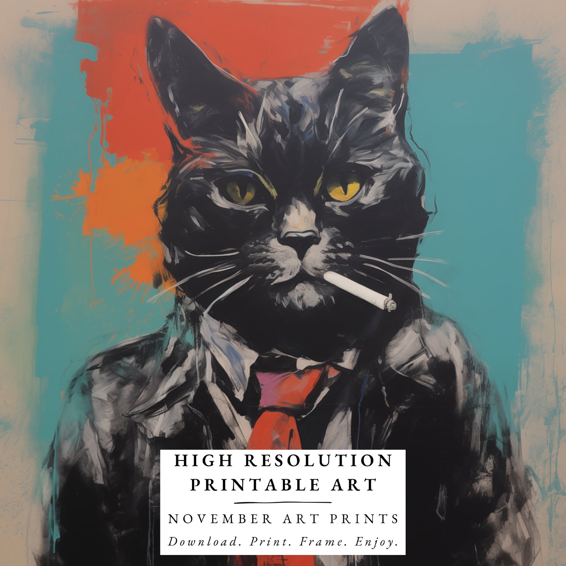 Kerouac Smoking Cat Painting, Printable Beat Generation Cat Wall Art ...