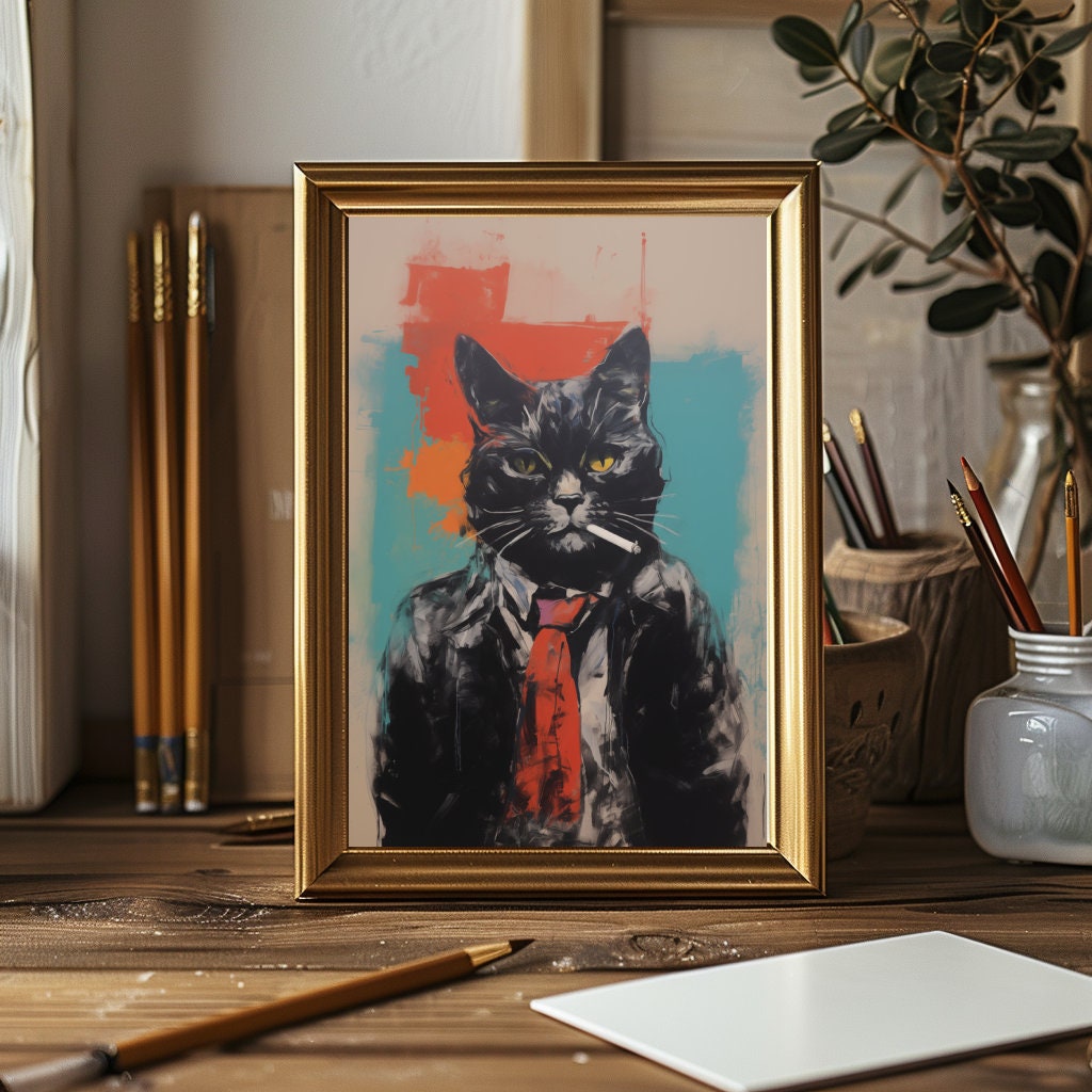 Kerouac Smoking Cat Painting, Printable Beat Generation Cat Wall Art ...