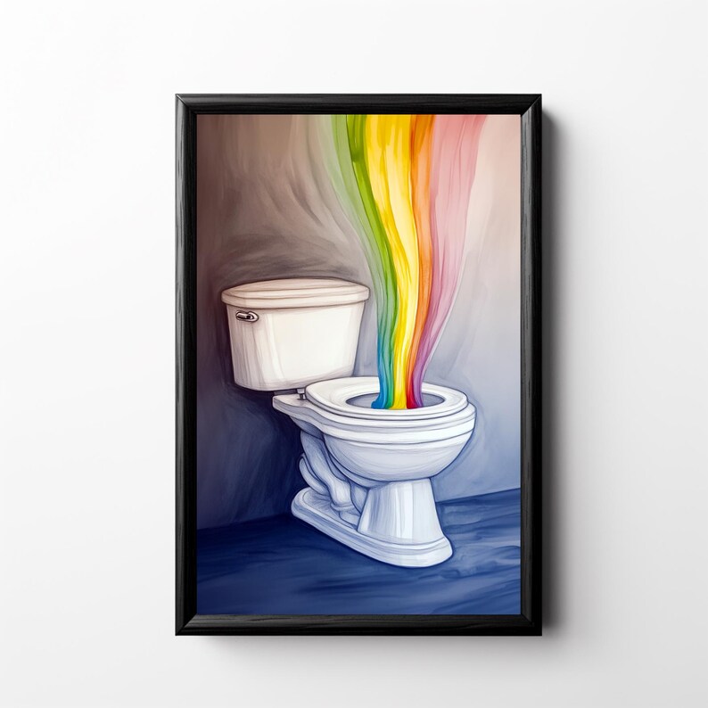 Rainbow Bathroom Print, Printable Toilet Watercolor Painting, Whimsical ...