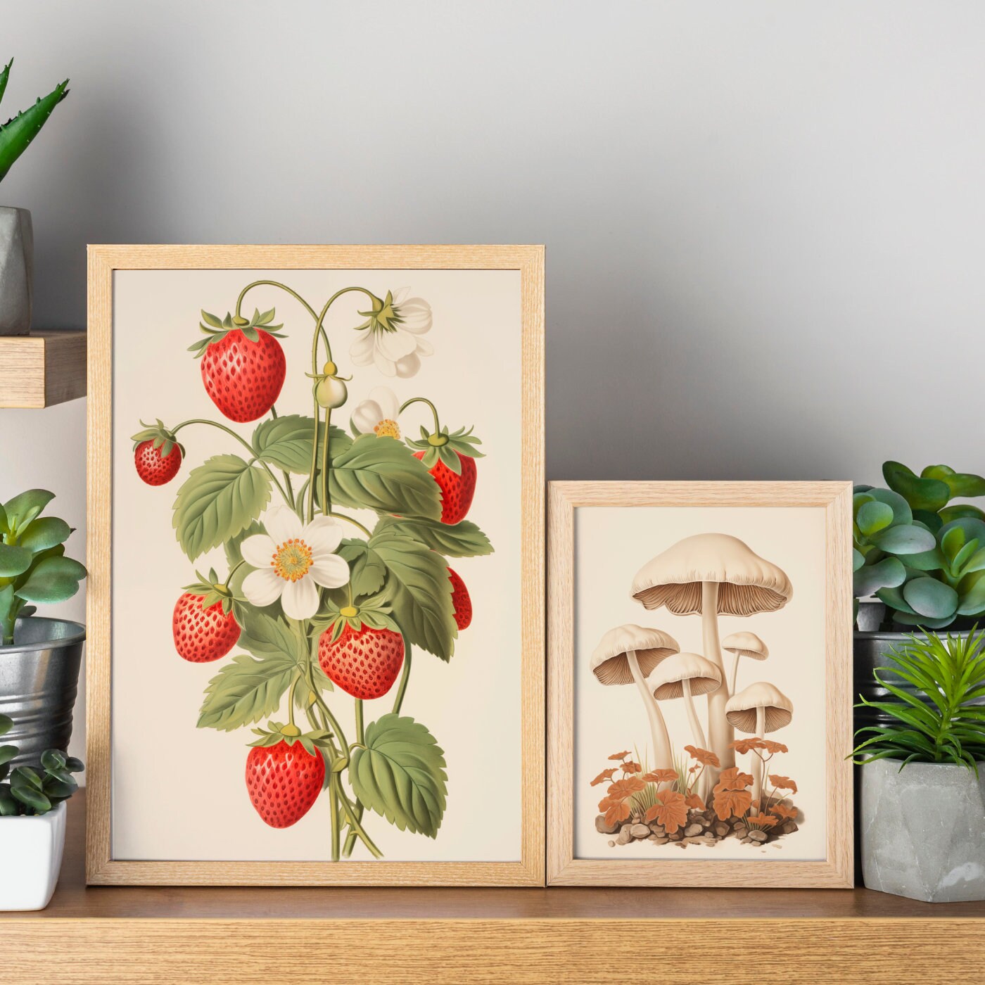 Cottagecore Bundle, Printable Strawberry Mushrooms Wall Art Set ...