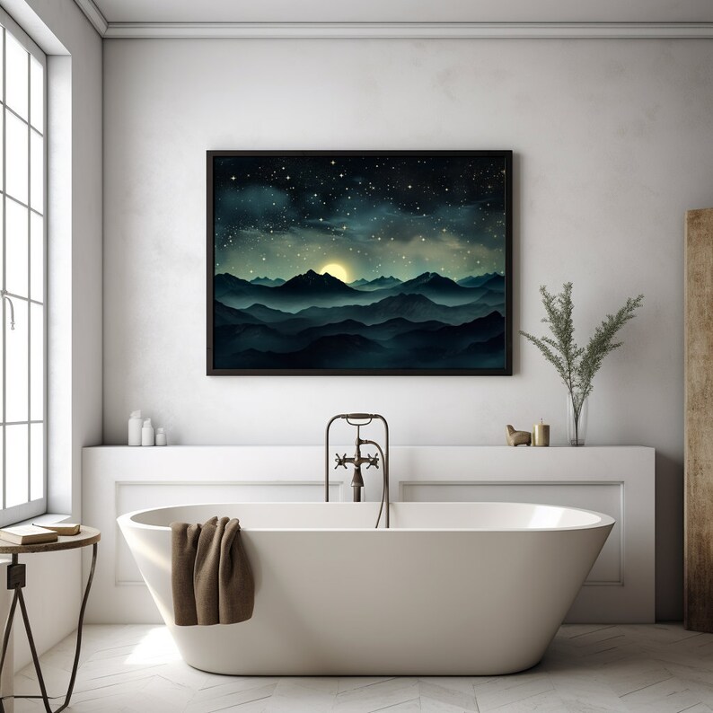 Mountain Night Sky Print, Printable Moon and Stars Wall Art, Vintage ...