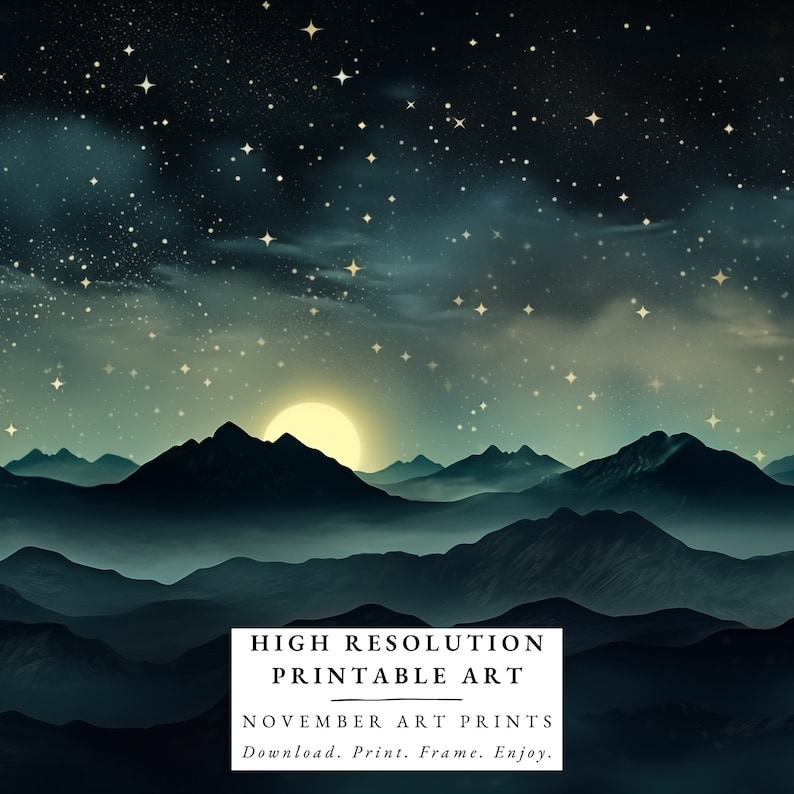 Mountain Night Sky Print, Printable Moon and Stars Wall Art, Vintage ...