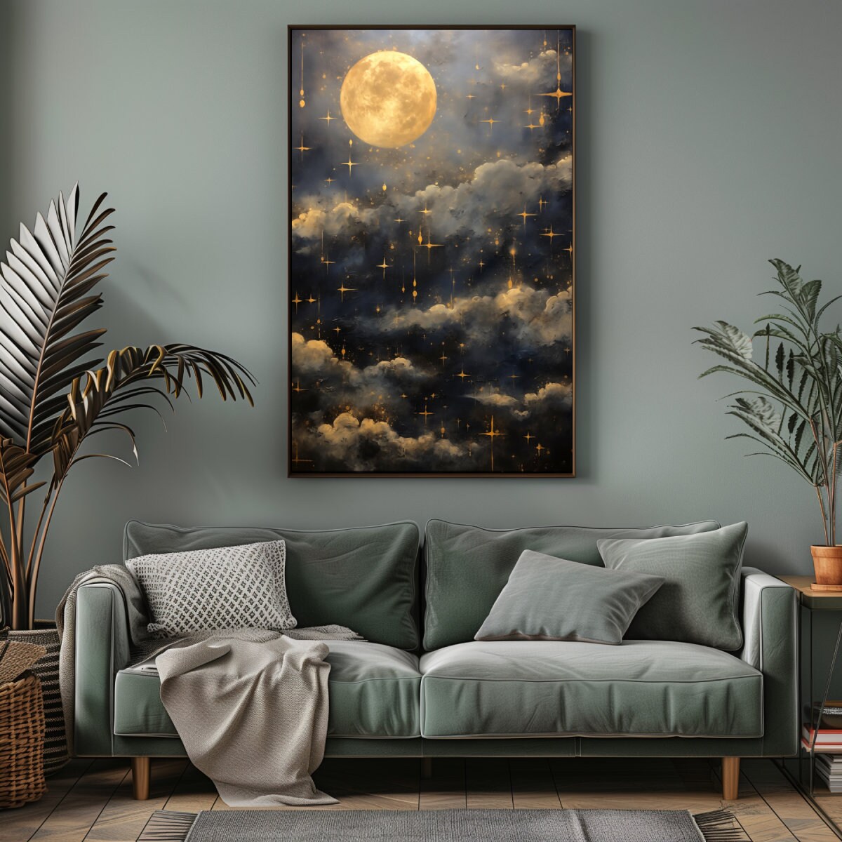 Vintage Night Sky Print, Printable Full Moon Oil Painting, Cloudy ...