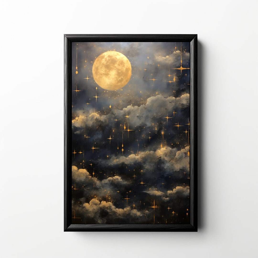 Vintage Night Sky Print, Printable Full Moon Oil Painting, Cloudy ...