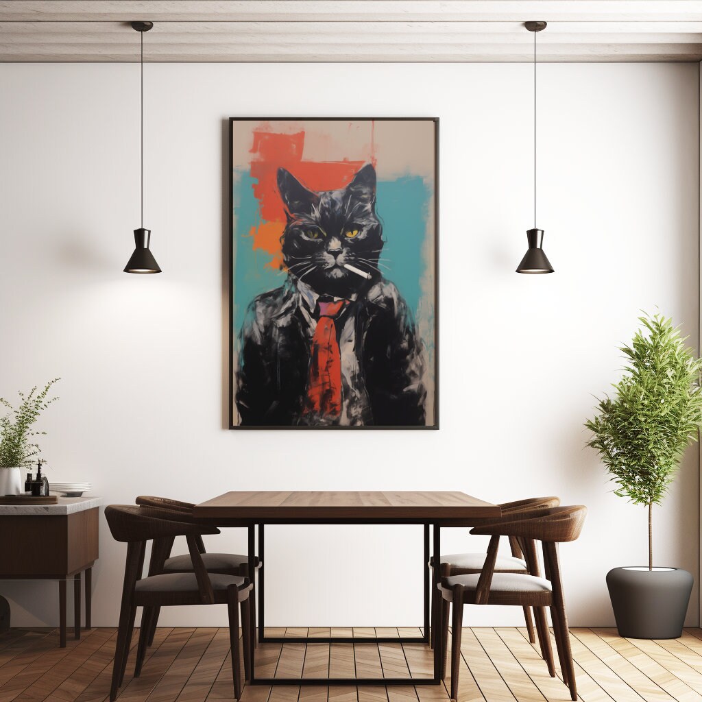Kerouac Smoking Cat Painting, Printable Beat Generation Cat Wall Art ...