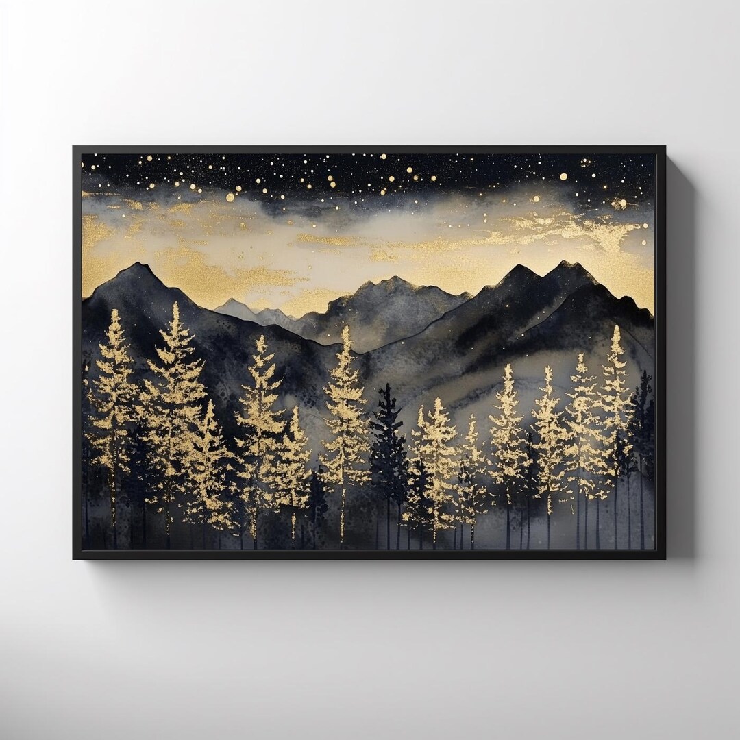 Vintage Night Sky Painting Printable Mountain Starry Night Print ...