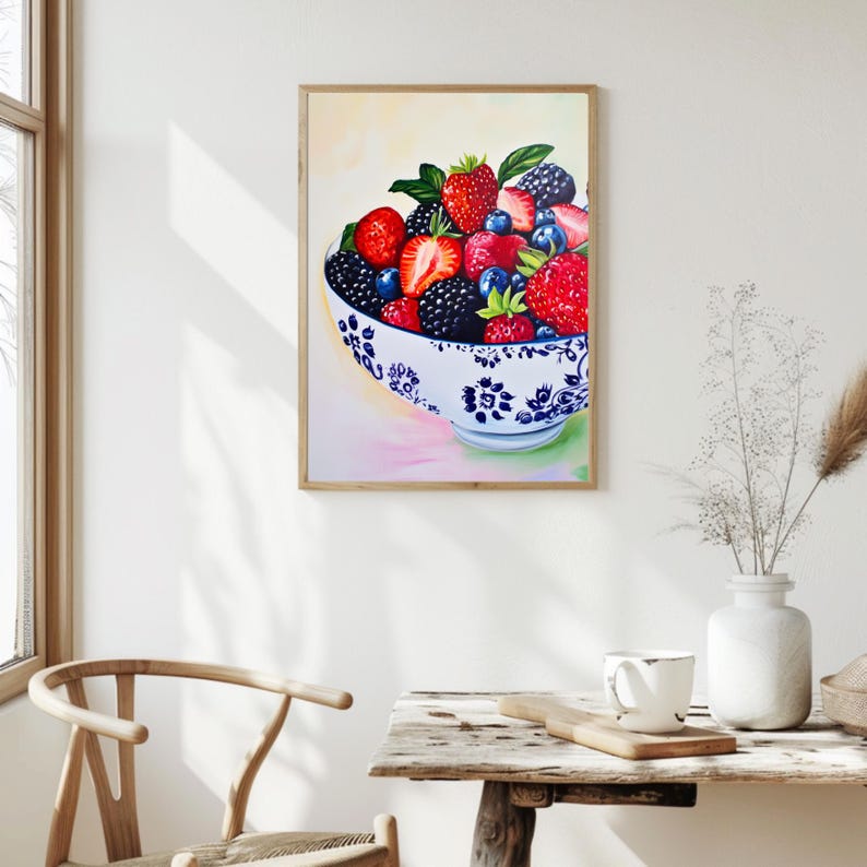 Bowl of Berries Still Life, Printable Strawberries Painting Rustic ...