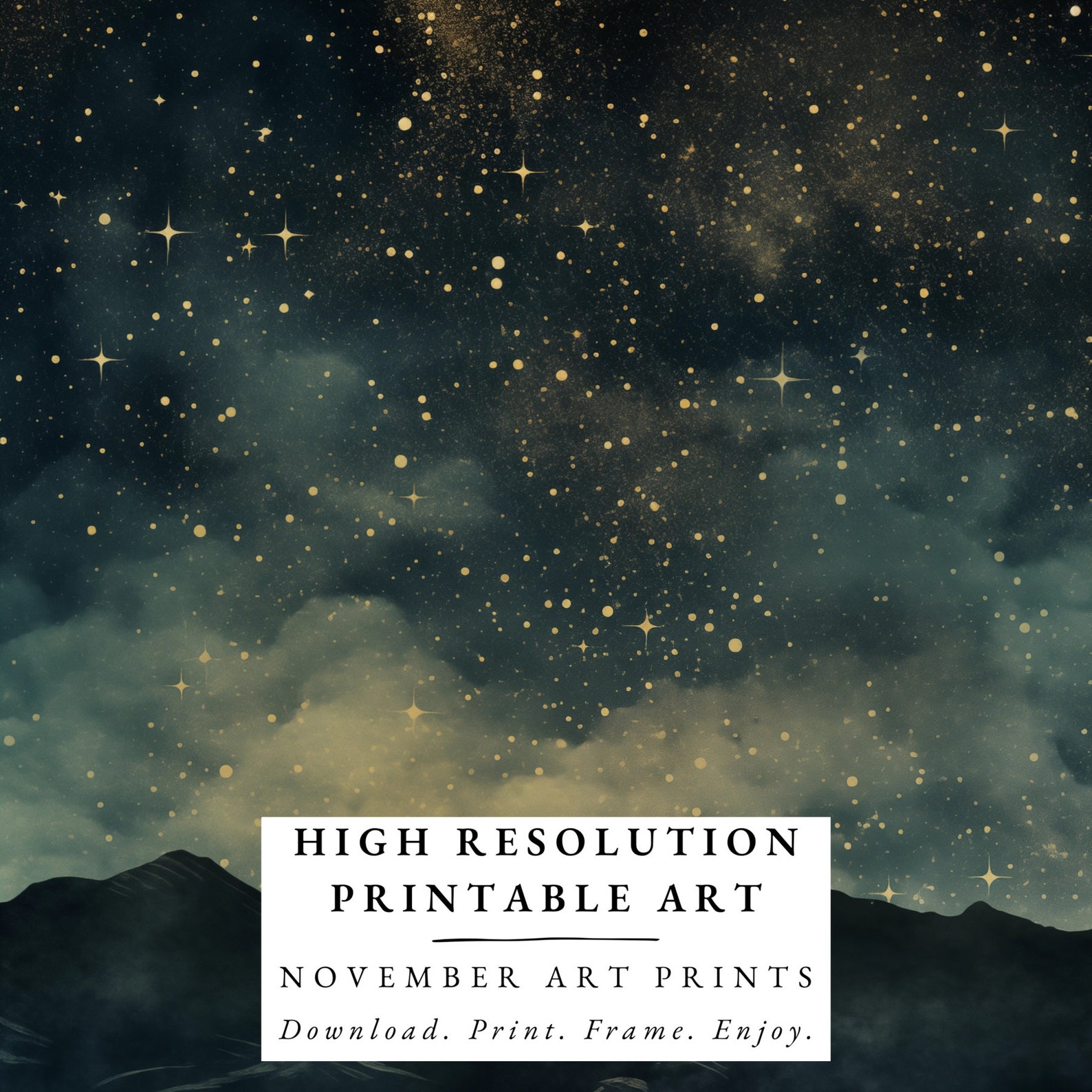 Vintage Night Sky Print: Printable Mountain Galaxy Painting, Moody ...