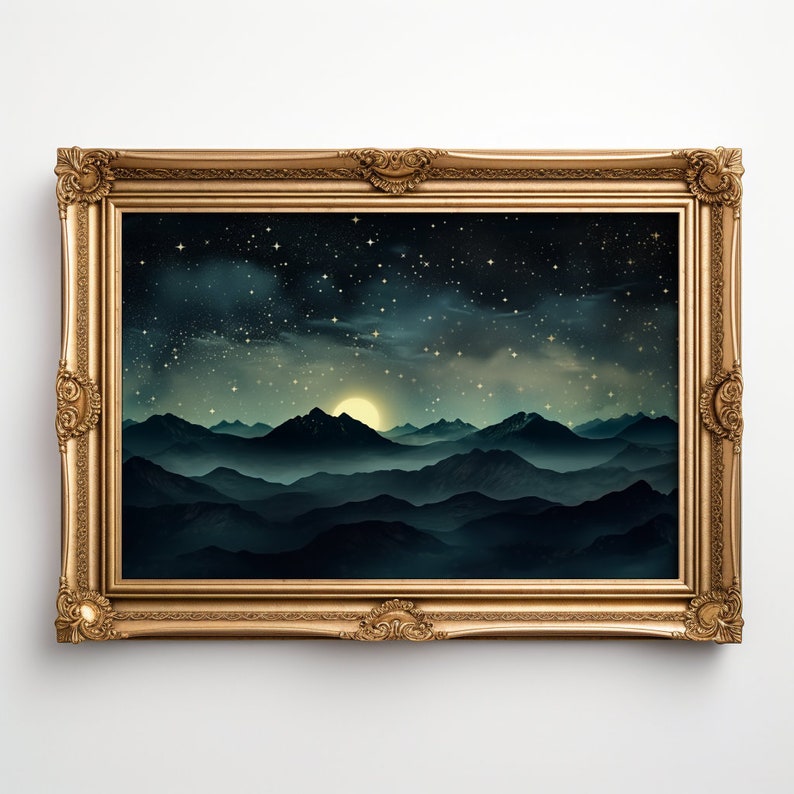 Mountain Night Sky Print, Printable Moon and Stars Wall Art, Vintage ...