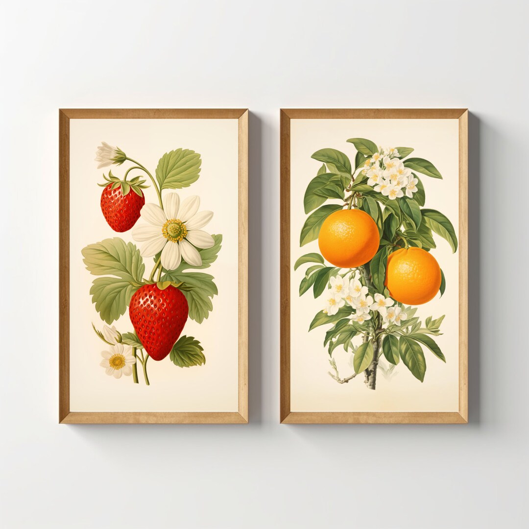 Vintage Fruit Lithograph Print Set, Printable Strawberry Wall Art ...