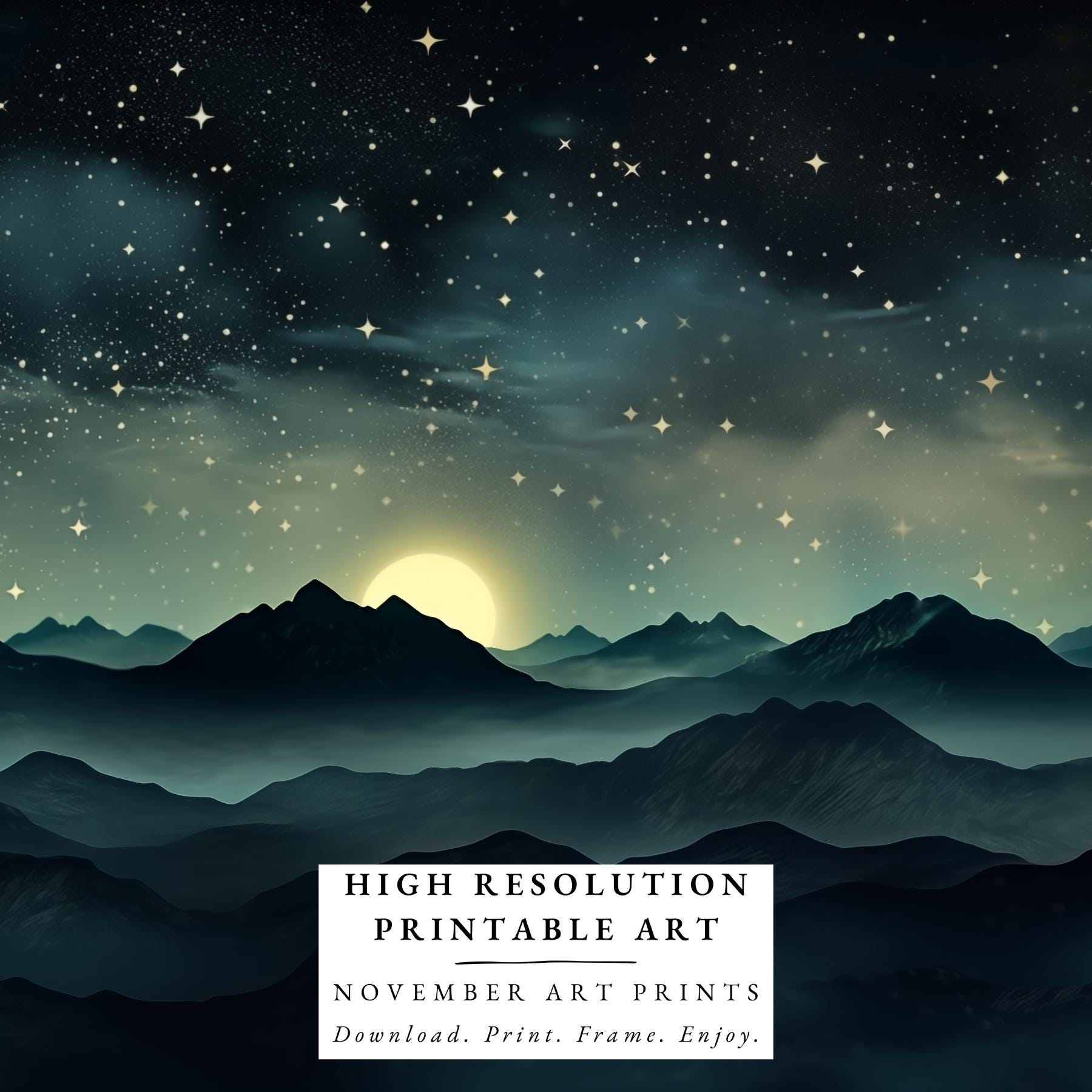 Night Sky Print Set, Printable Mountain Moon Wall Art, Celestial ...