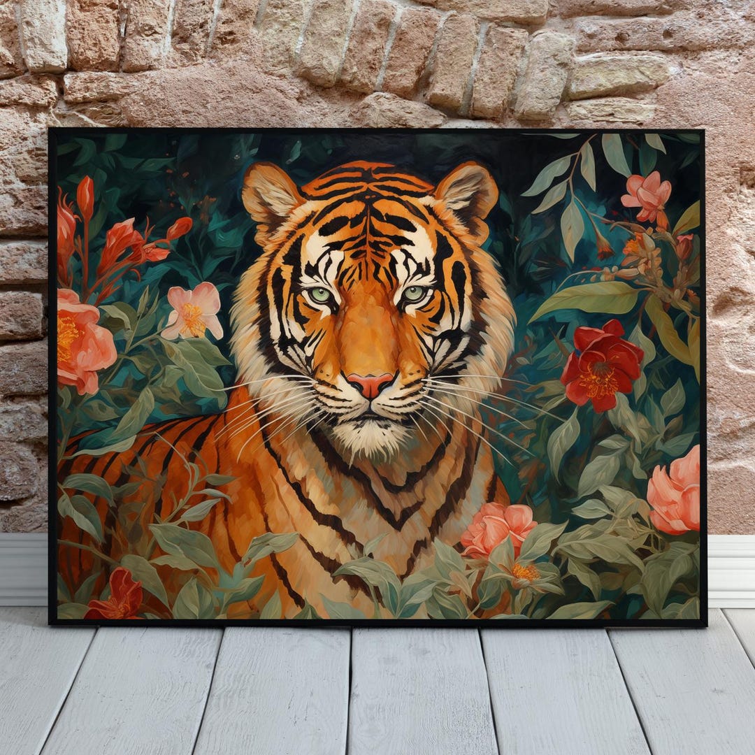 Boho Tiger Print, Printable Jungle Tiger Wall Art, Vintage Floral Tiger ...