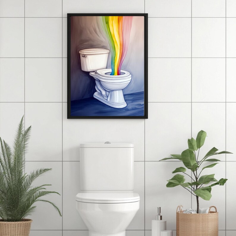 Rainbow Bathroom Print, Printable Toilet Watercolor Painting, Whimsical ...