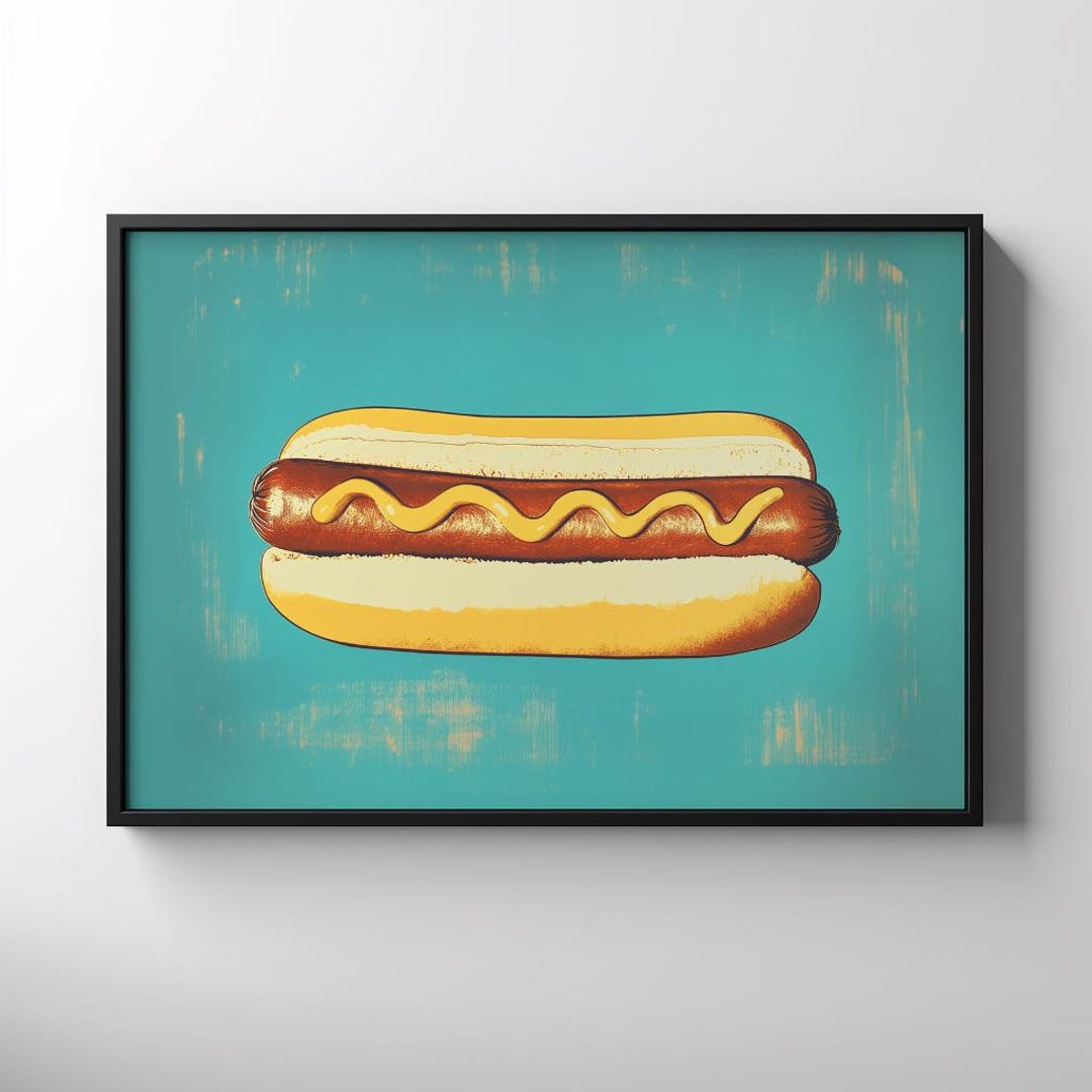 Retro Hot Dog Print, Printable Hot Dog Wall Art Funny Food Art Sausage ...