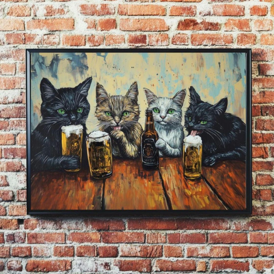 Vintage Beer Cats Poster, Printable Pub Wall Art, Cats Drinking Beer ...