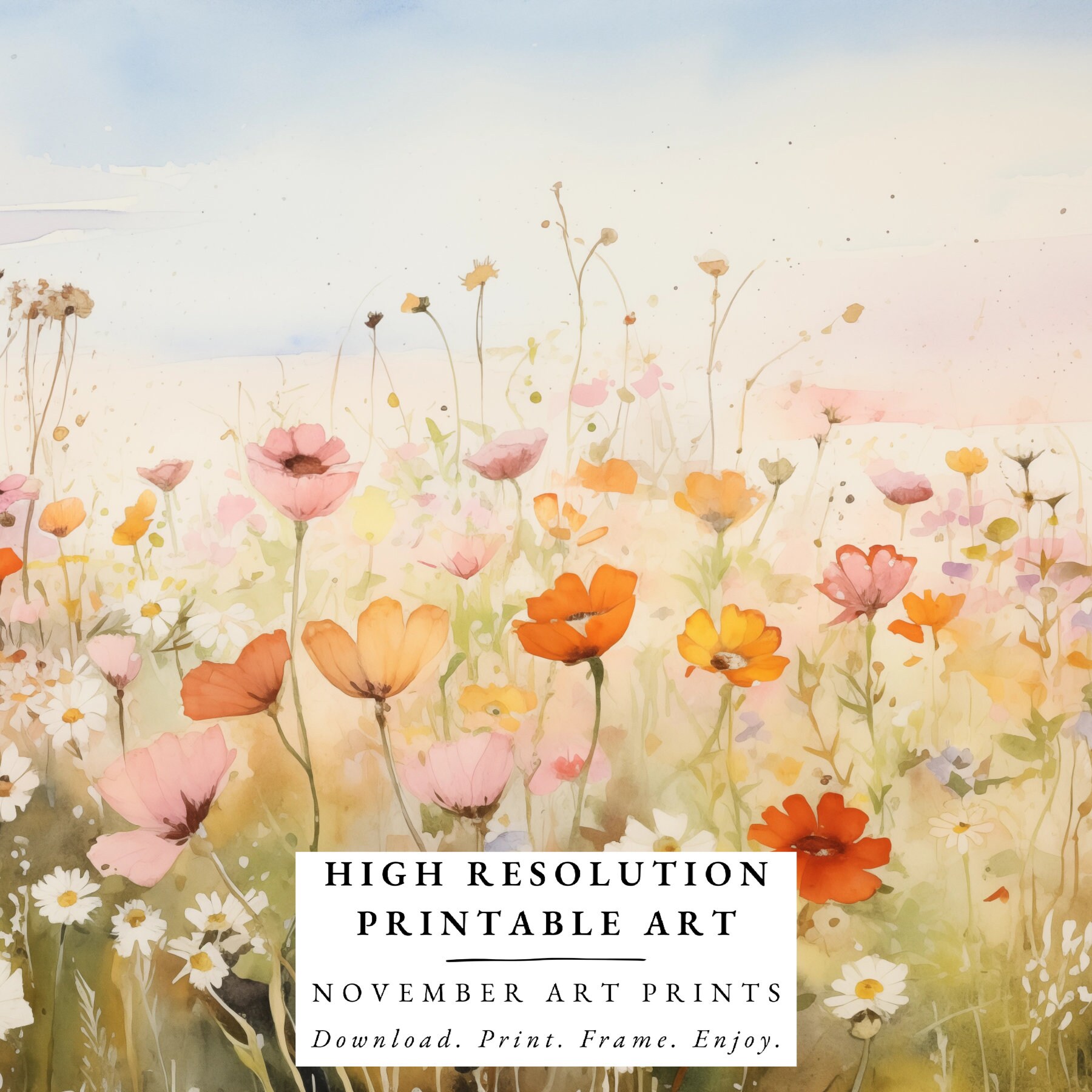 Spring Flowers Watercolor Painting, Wildflower Field Wall Art, Wild ...