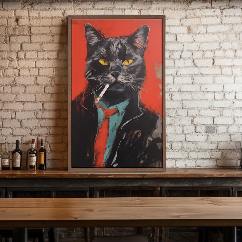 Smoking Cat Painting, Printable Cat Wall Art, Vintage Cat Cigarette ...
