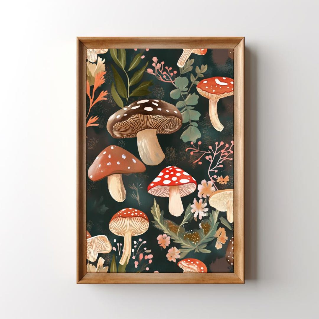 Vintage Mushroom Art Print, Printable Retro Mushroom Wall Art ...