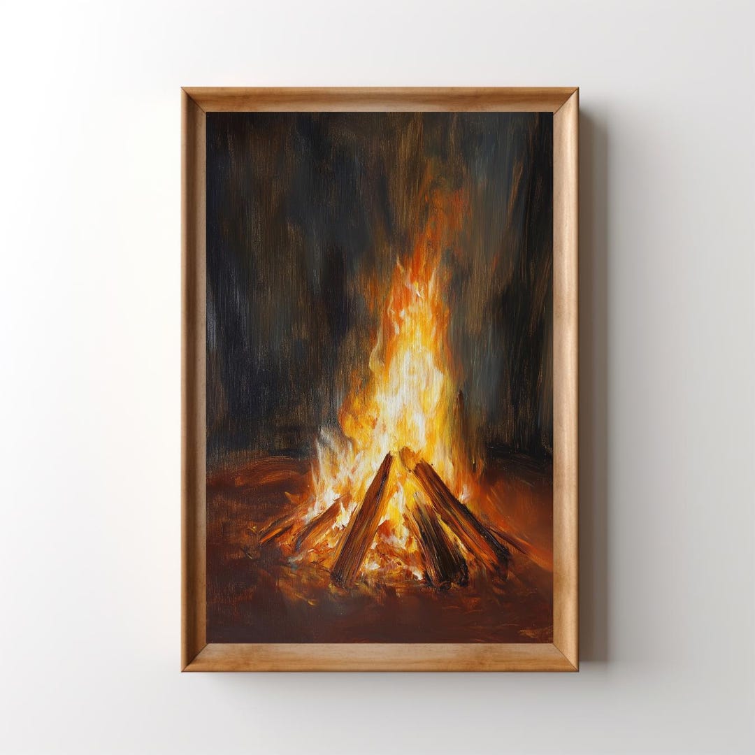 Printable Campfire Painting, Warm Fire Art Print, Rustic Cabin Wall ...