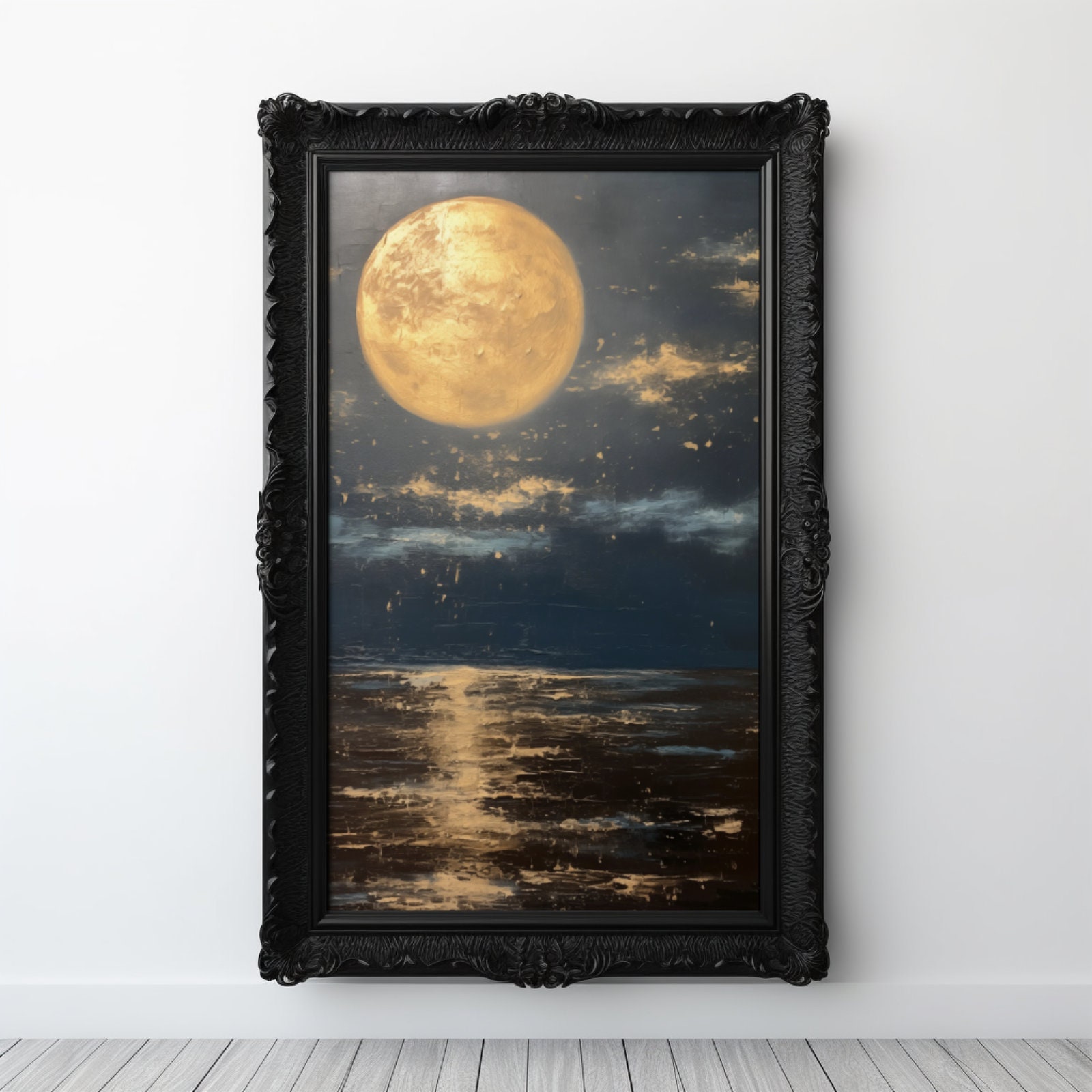 Vintage Night Sky Oil Painting, Printable Full Moon Over Dark Water ...