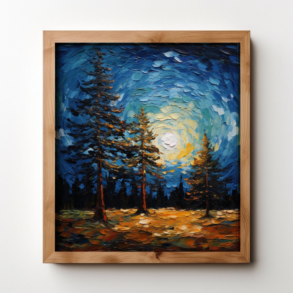 Square Moonlight Sky Oil Painting, Printable Pine Trees Night Sky, Full ...