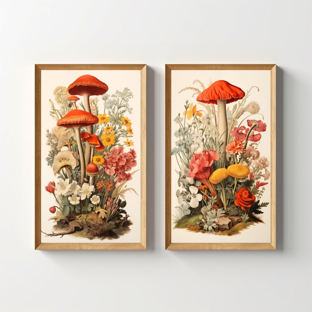 Vintage Mushroom Print Set, Floral Mushrooms Wall Art Bundle, Flowers ...