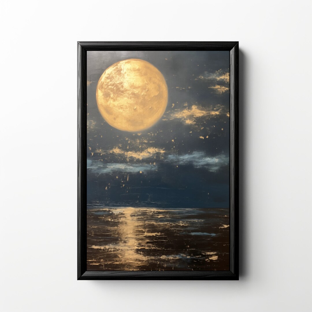 Vintage Night Sky Oil Painting, Printable Full Moon Over Dark Water ...