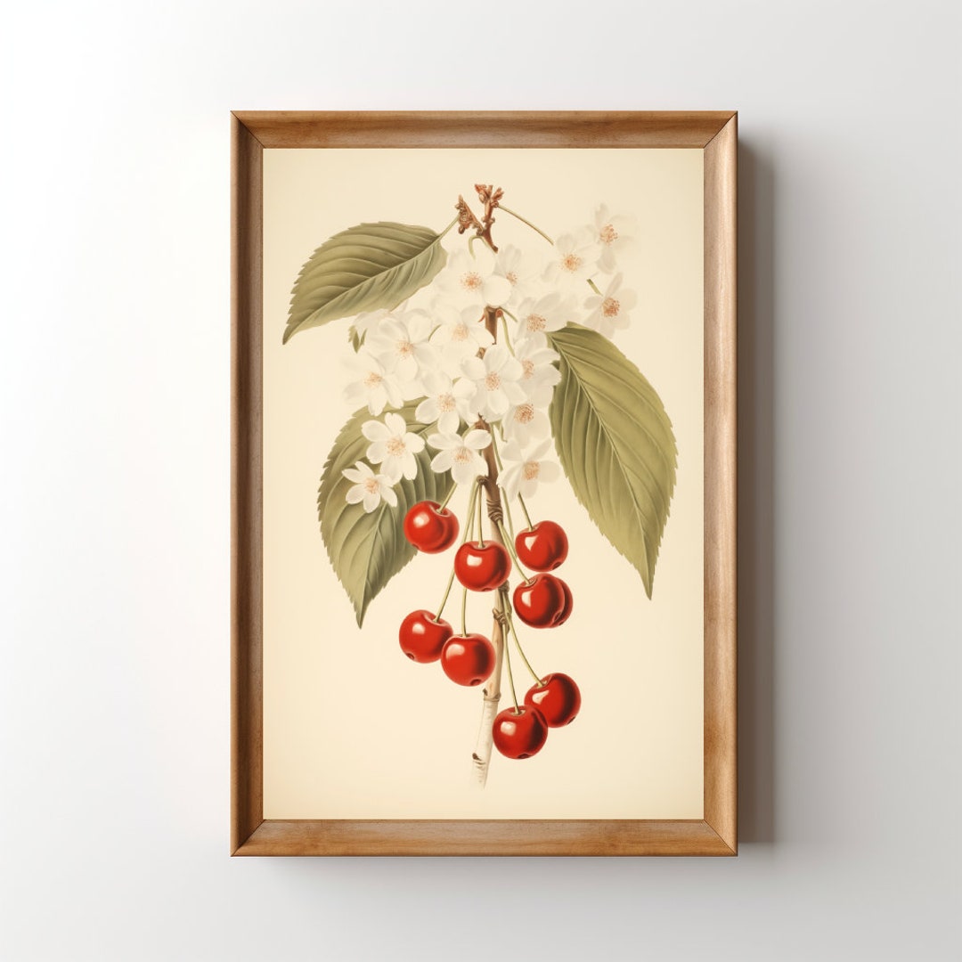 Vintage Floral Cherries Lithograph Print, Printable Cherry Painting ...