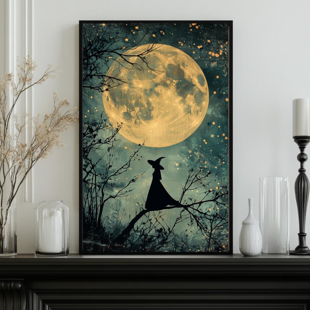 Vintage Witch Print, Printable Witchy Wall Art Full Moon Witching Hour ...