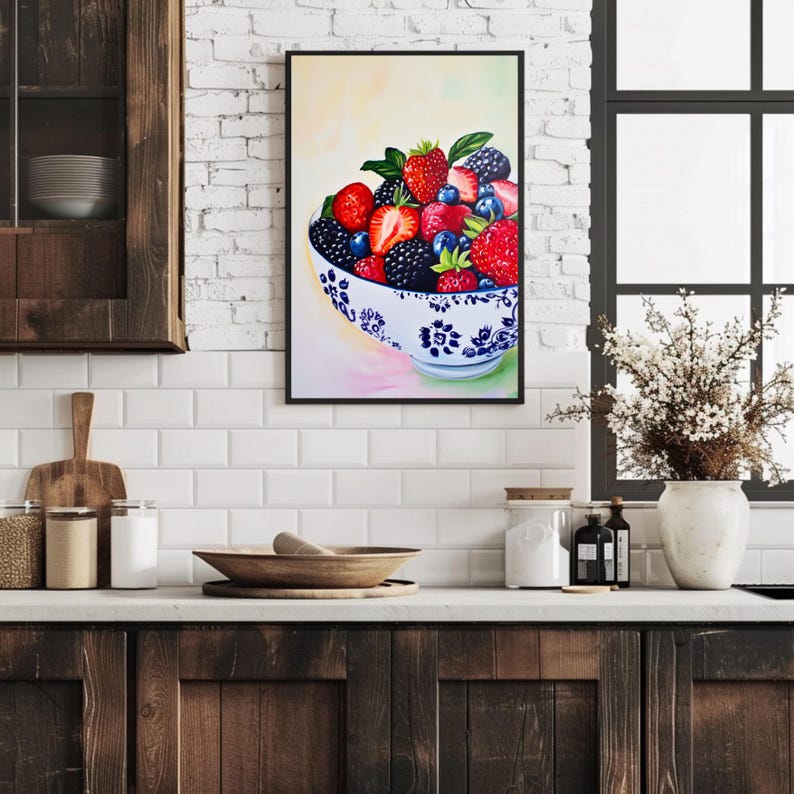 Bowl of Berries Still Life, Printable Strawberries Painting Rustic ...