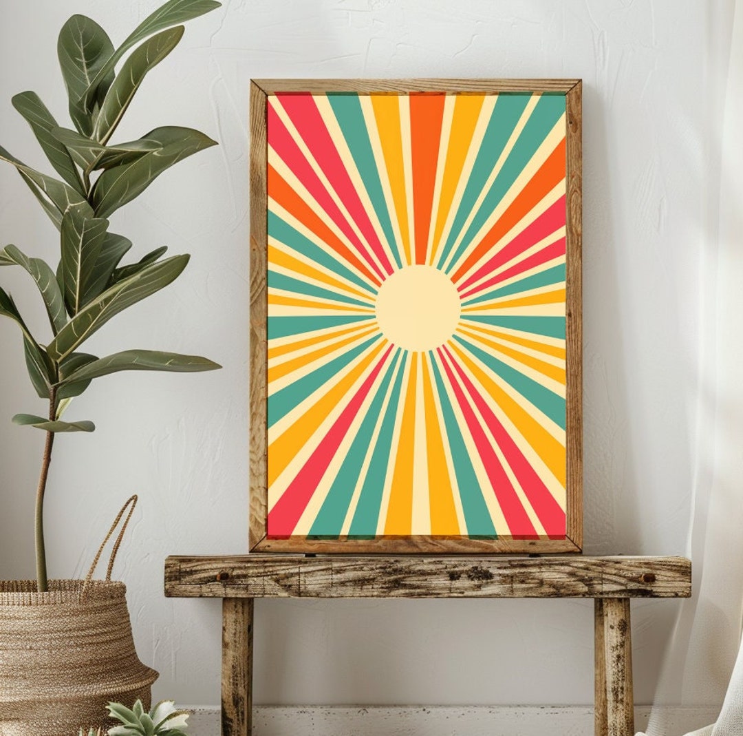 Boho Sun Art Print, Printable Sunshine Wall Art, Retro Sunrise Dorm ...