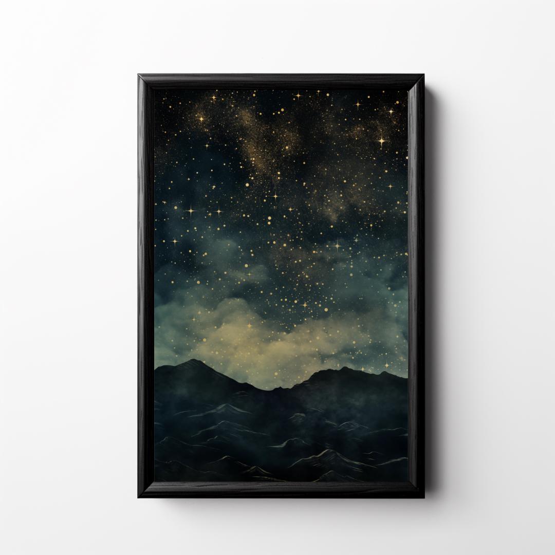 Moody Night Sky Art Print, Printable Starry Mountain Wall Art, Retro ...