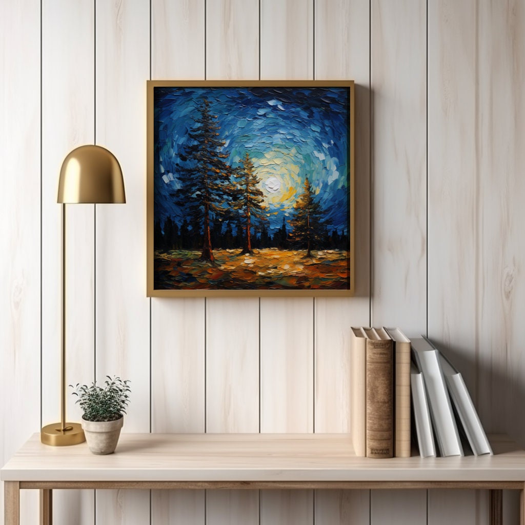Square Moonlight Sky Oil Painting, Printable Pine Trees Night Sky, Full ...