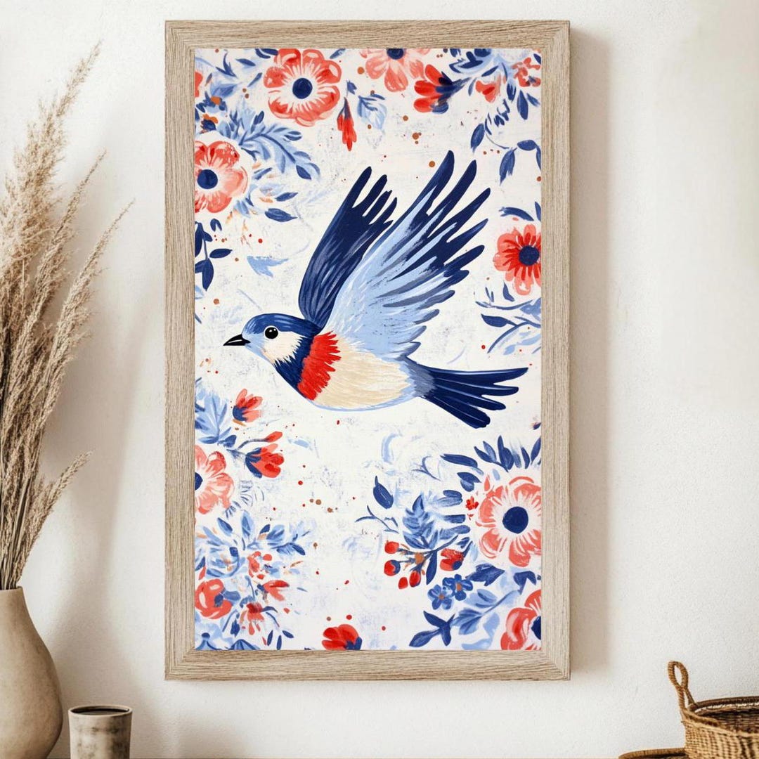 Boho Sparrow Print, Printable Folk Art Bird Wall Art Scandinavian ...