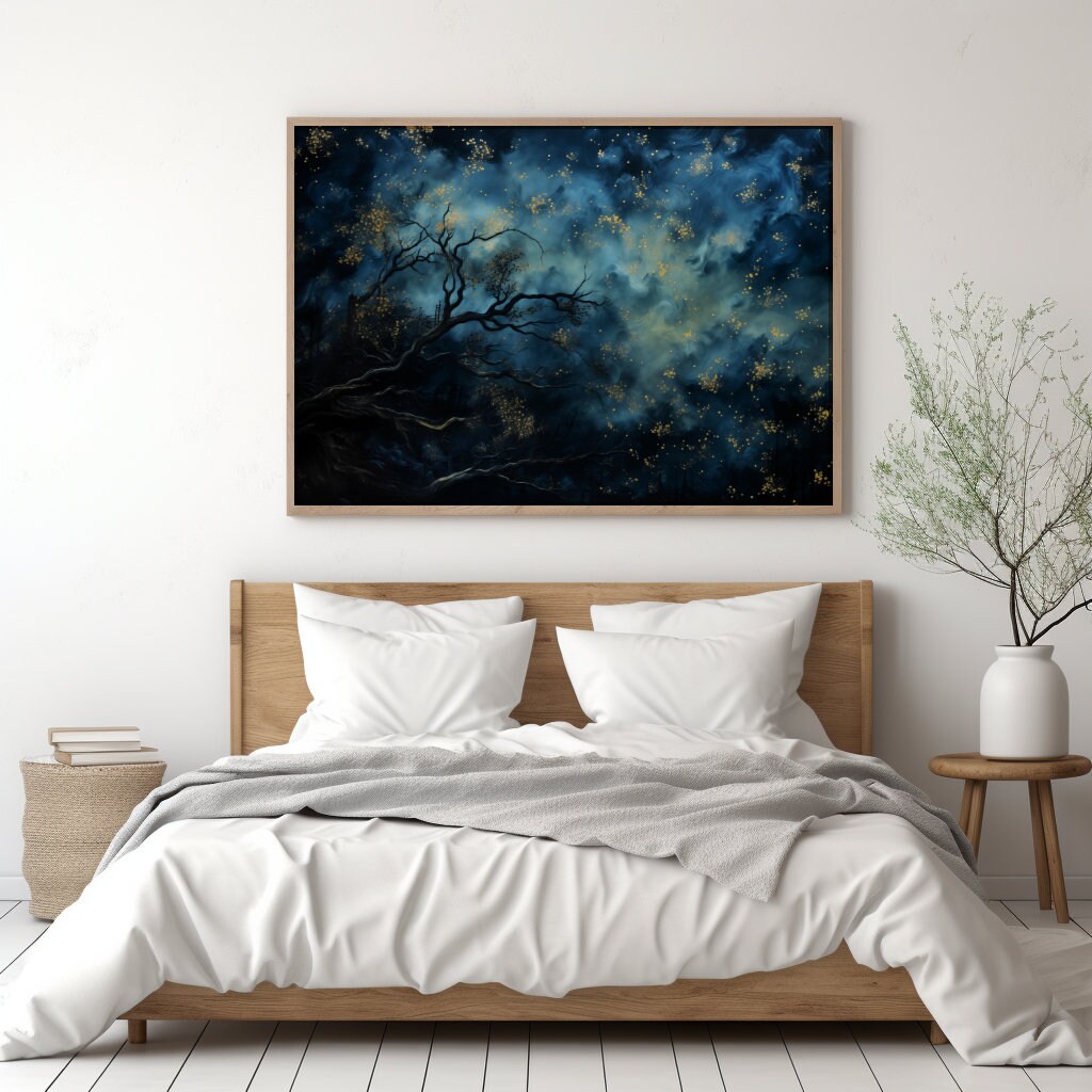 Misty Night Sky Painting, Printable Starry Sky Dark Tree Wall Art, Tree ...