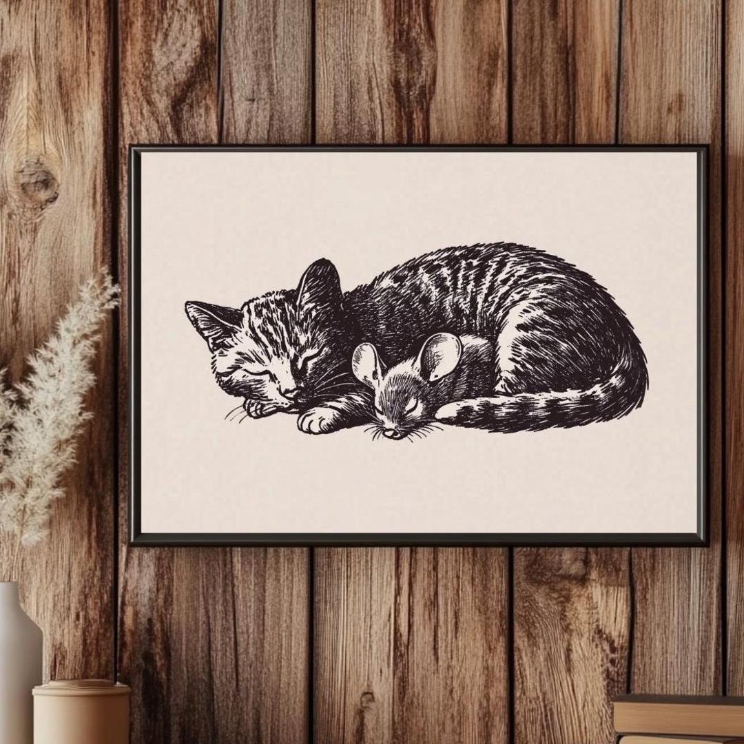Vintage Cat Print, Printable Cat and Mouse Wall Art, Cute Cat Poster ...