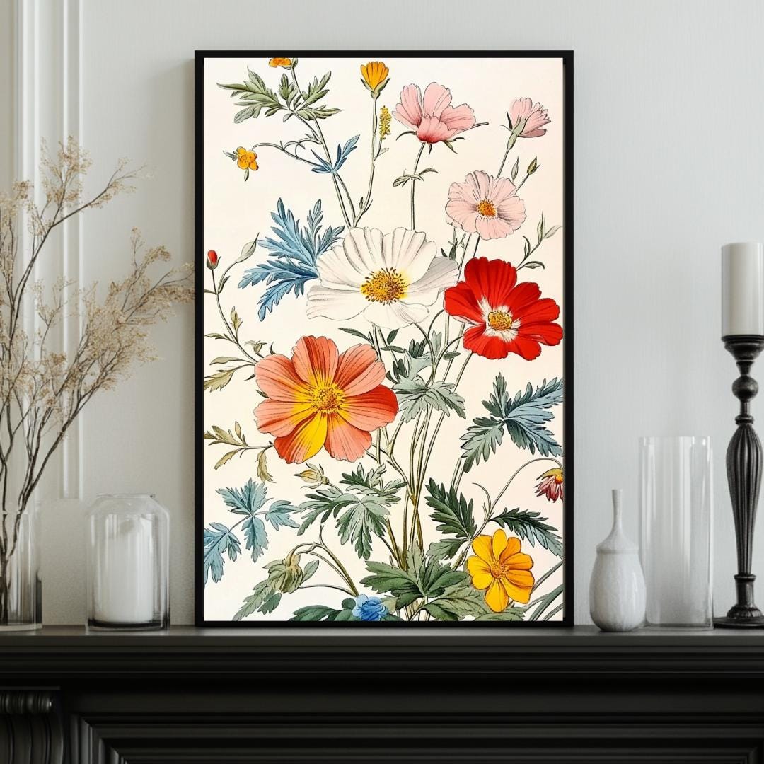 Boho Floral Print, Printable Wildflower Wall Art Vintage Botanical ...